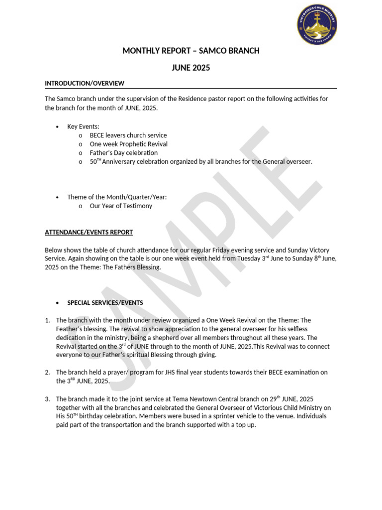Monthly Report Template Branches | PDF
