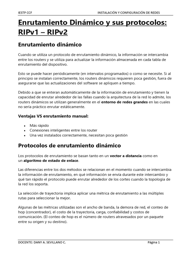 Enrutamiento Dinámico y Sus Protocolos RIP v1 - V2 | PDF | Enrutador ...