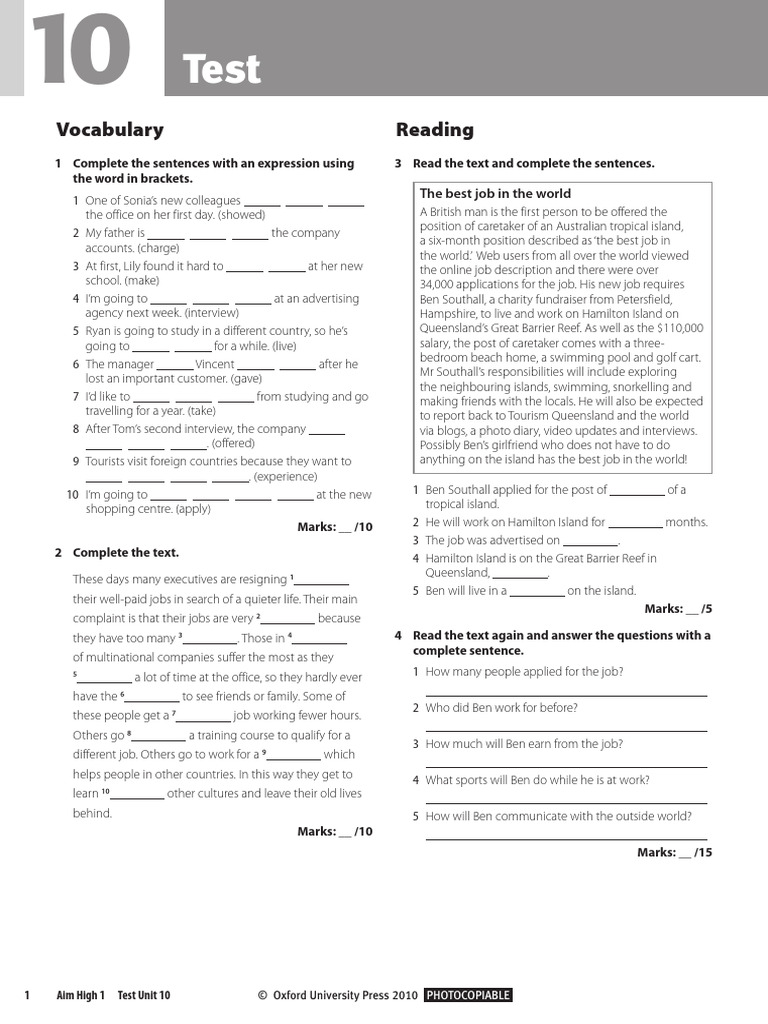 Aim High 1 Unit 10 Test | PDF