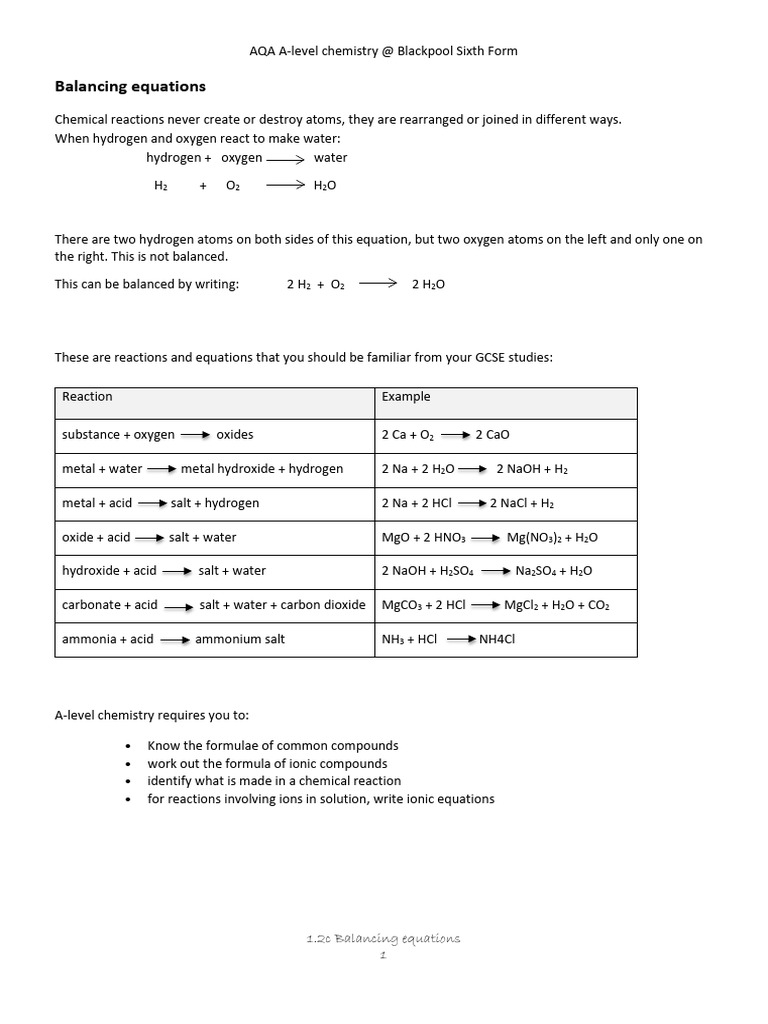 1.2b Balancing Equations | PDF | Chemical Reactions | Acid