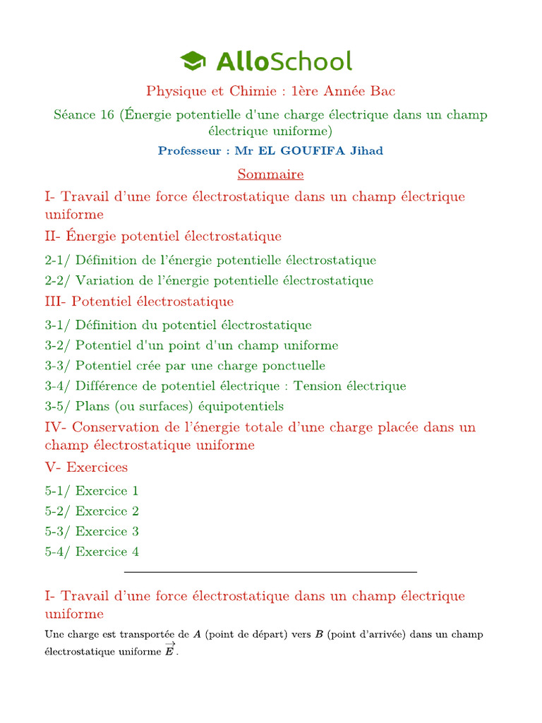 Seance 16 Energie Potentielle d Une Charge Electrique Dans Un Champ ...