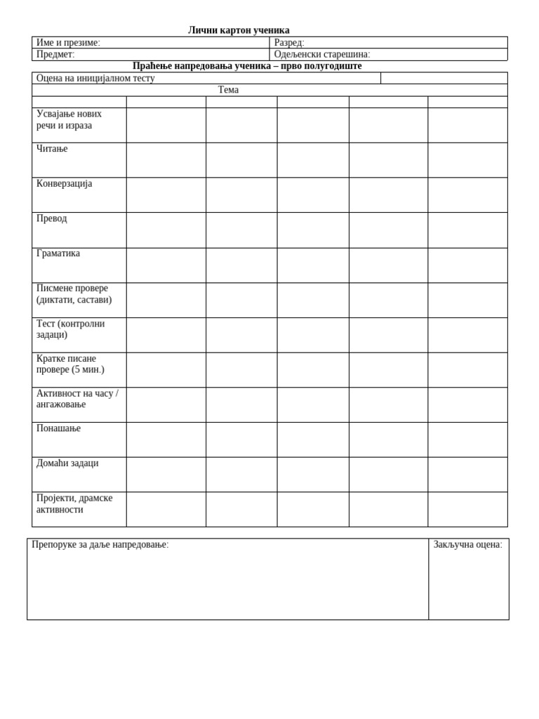 Licni Karton Ucenika 3-6 Raz | PDF