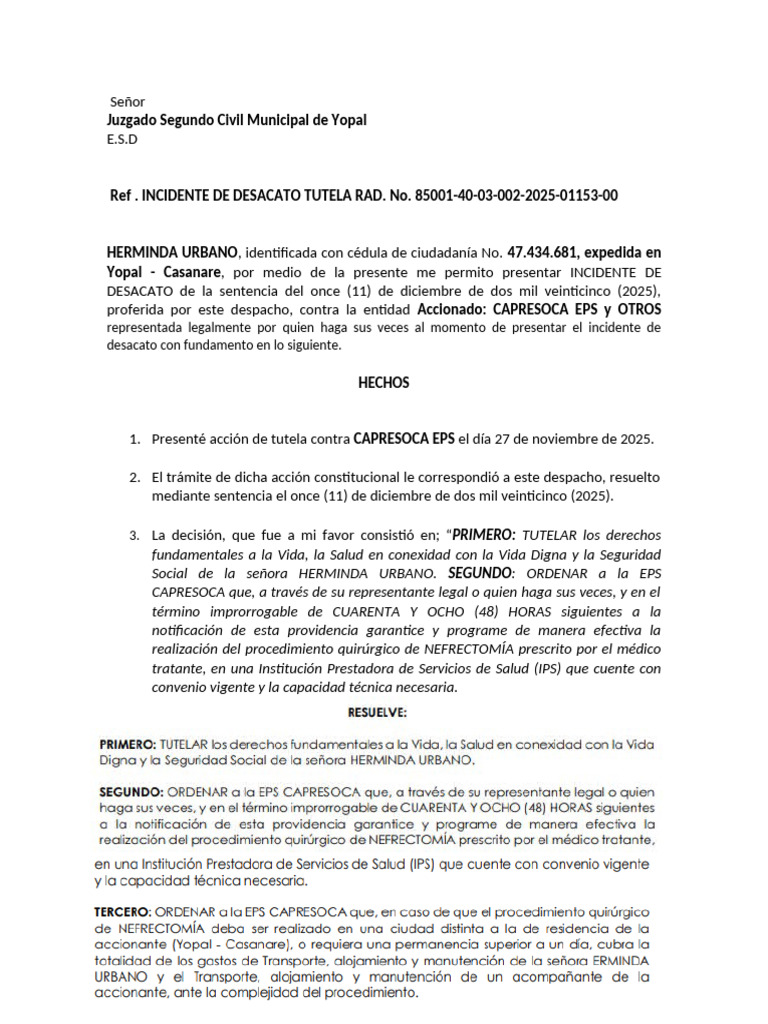Desacato Tutela 2025-085 | PDF | Sentencia (ley) | Justicia