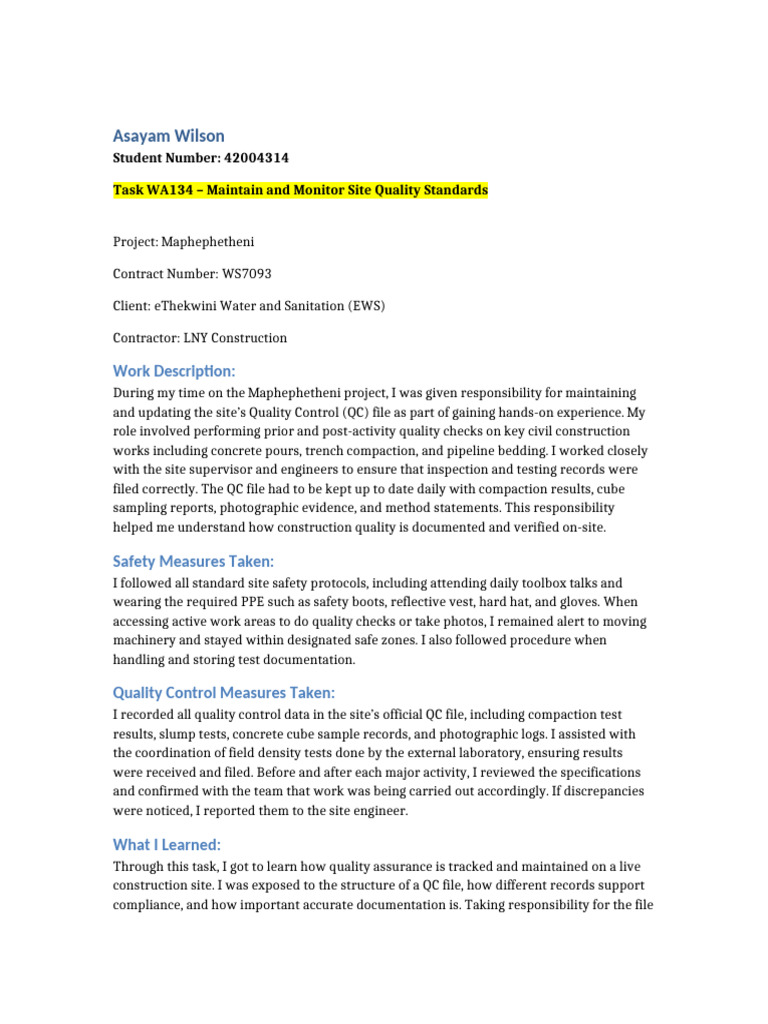 WA134 – Maintain and Monitor Site Quality Standards | PDF