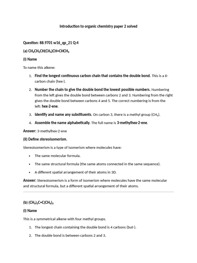 Introduction To Organic Chemistry Paper 2 Solved | PDF | Alkene ...