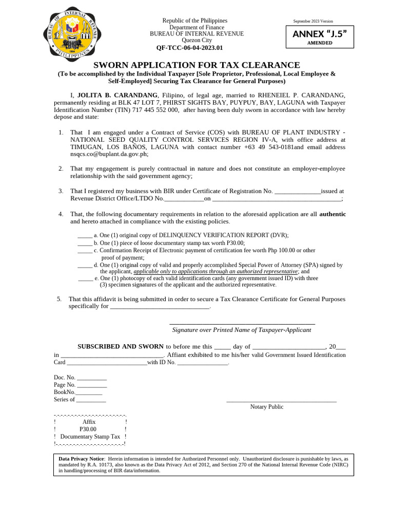 Sworn Application For Tax Clearance For General Purposes Individual ...