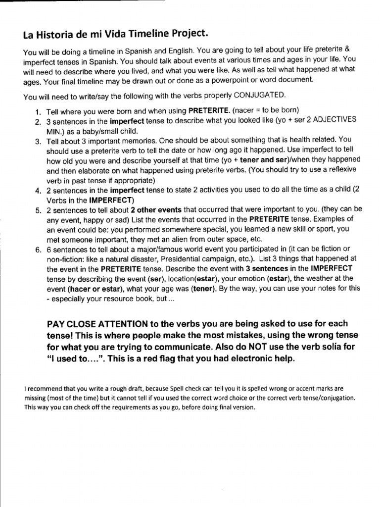 La Historia de Mi Vida Timeline Project (Honors Spanish 3) | PDF
