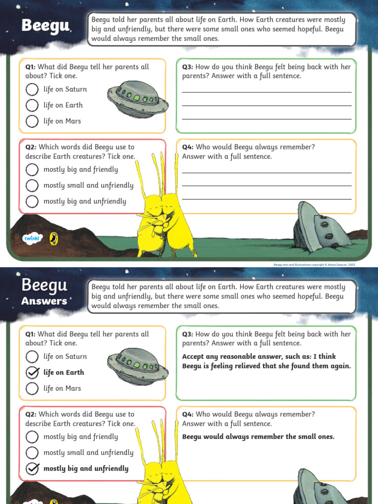 t e 1647978768 Beegu Reading Comprehension Mat Ver 1 (1) | PDF