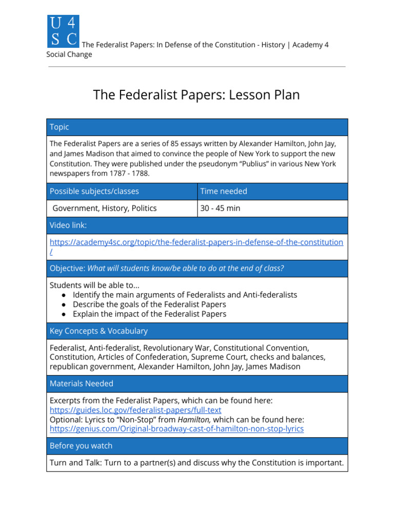 TheFederalistPapersLessonPlanandVideo-1 | PDF | The Federalist Papers ...