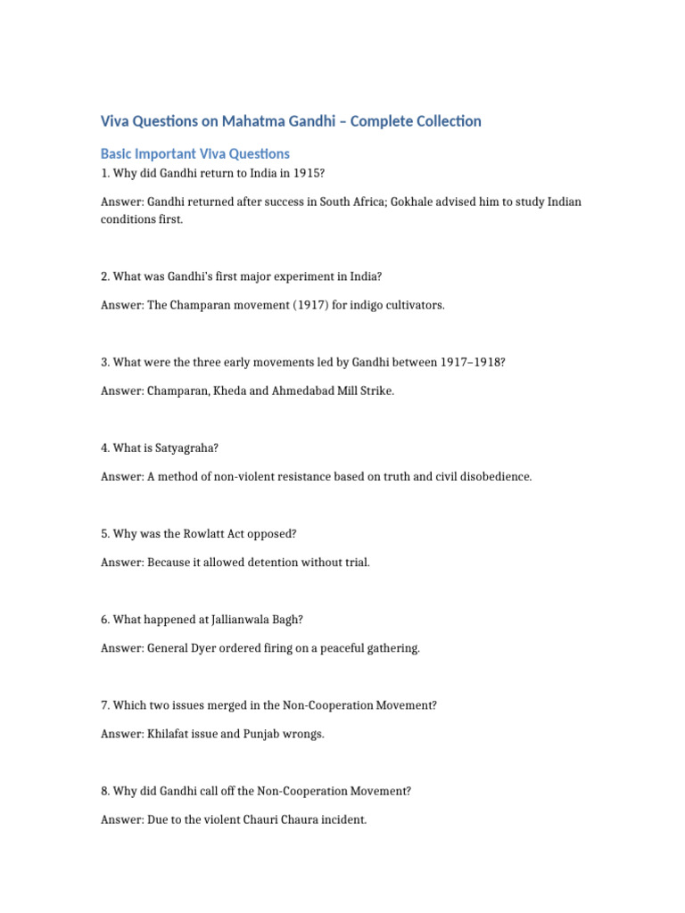 Gandhi Viva Questions Complete | PDF | Mahatma Gandhi | Resistance To ...