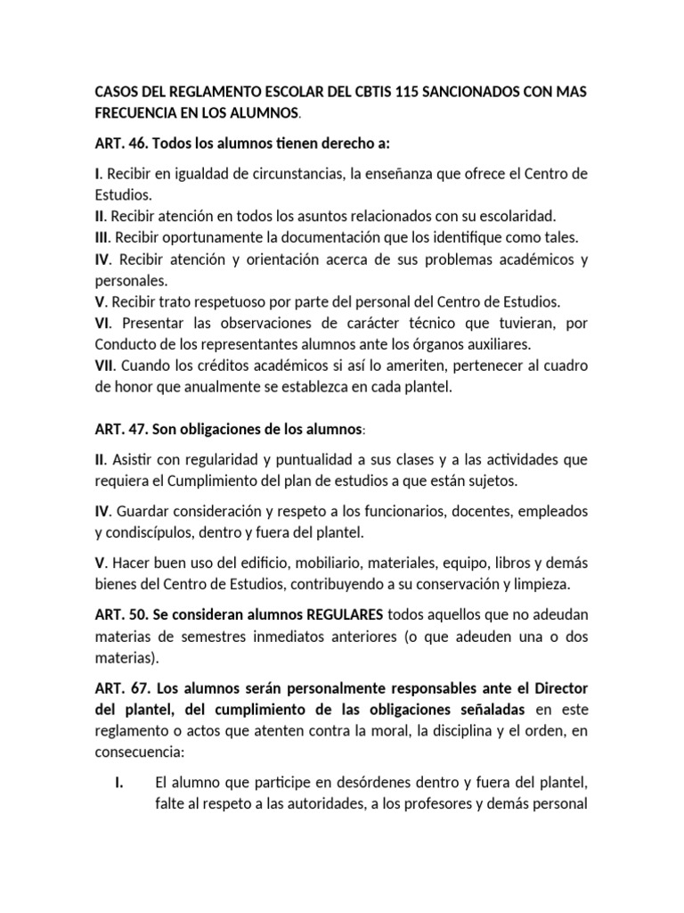 Casos Del Reglamento Escolar Del Cbtis 115 Sancionados Con Mas ...