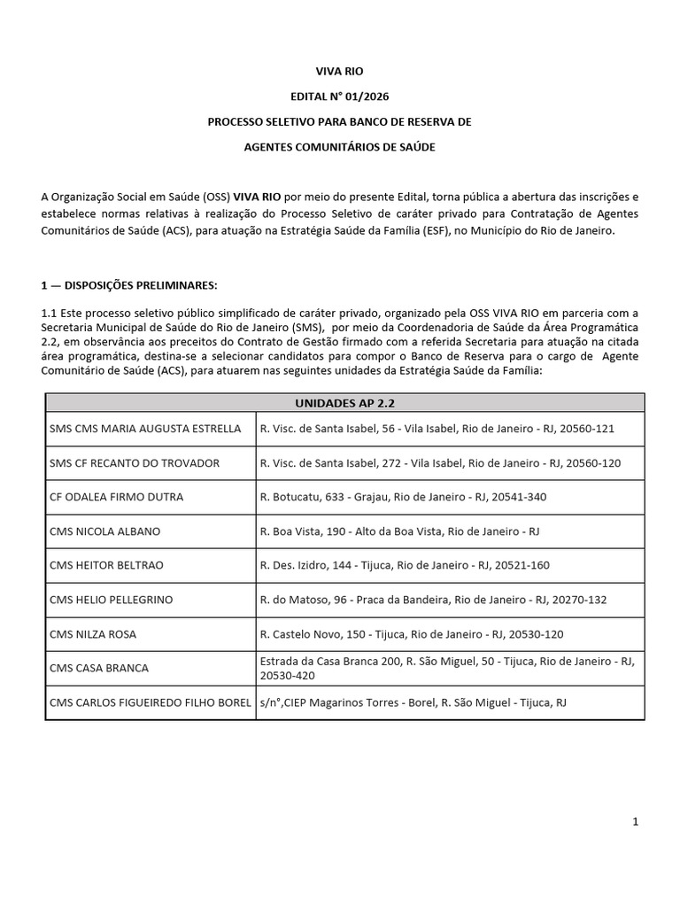 Edital 01 2026 Agente Comunitário de Saúde AP 2.2 1 | PDF | Amamentação