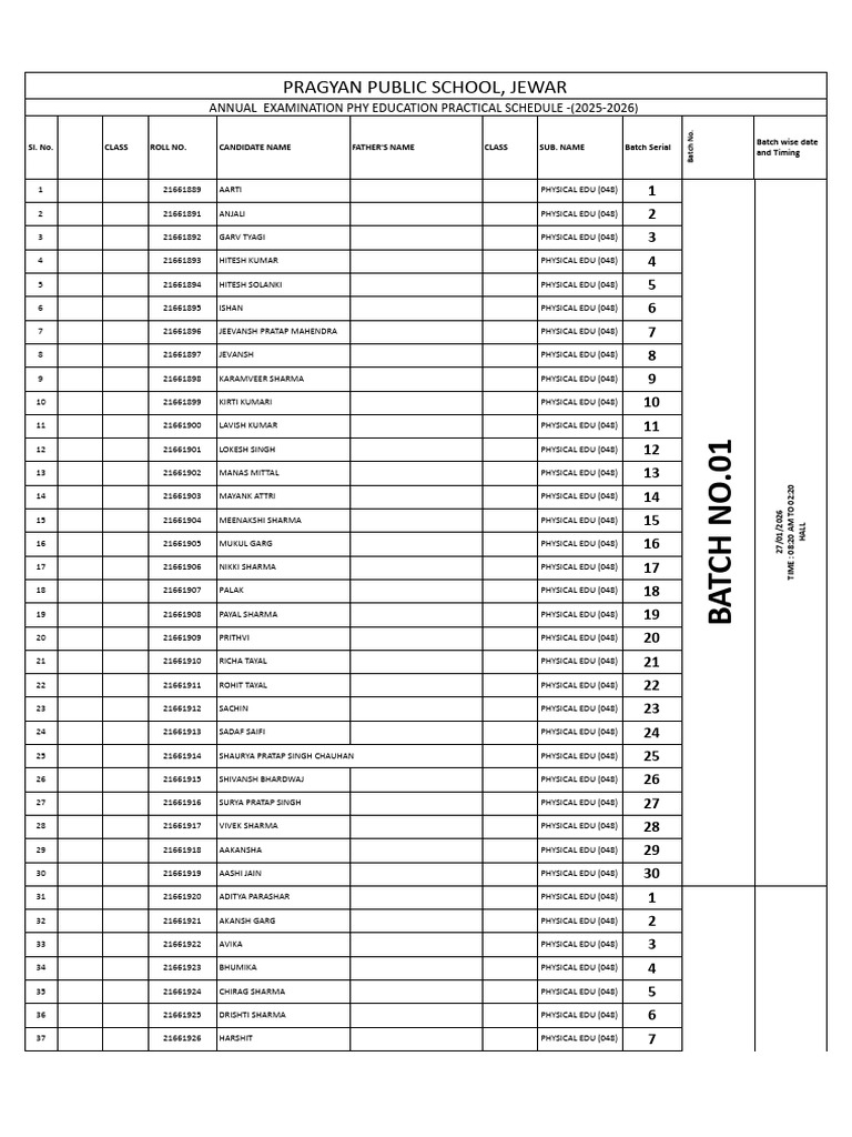 Xii Board Practical Batchs (2025-26) - 27 Jan Physical Education | PDF