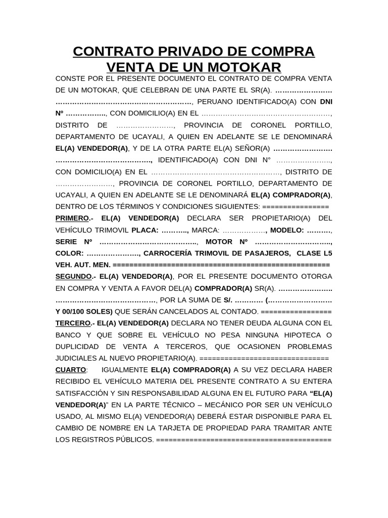 Formato de Contrato de Compra Venta de Un Motokar | PDF | Estilos de ...
