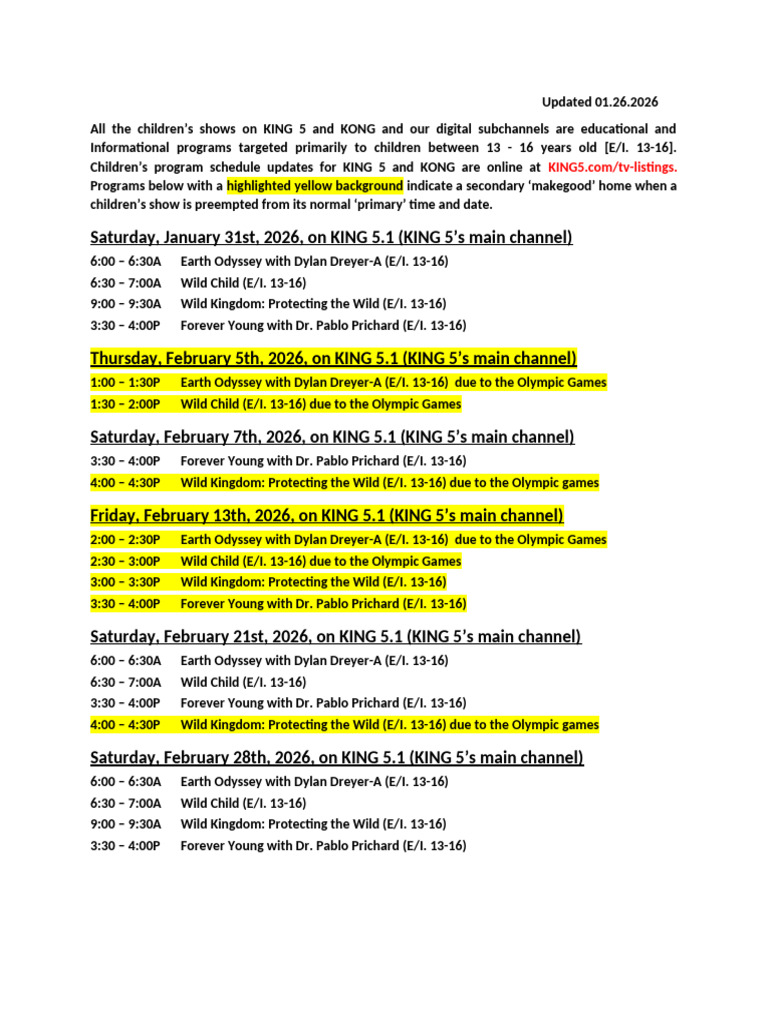 KING 5 Kids Program Summary Rev Jan 26_2026 | PDF | Television