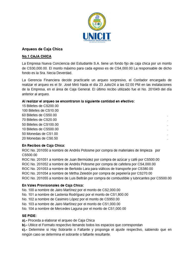 Ejercicios Tarea Arqueo de Caja General y Caja Chica2 | PDF | Cheque ...