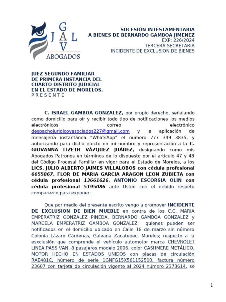 Incidente Exclusion Bienes Muebles Israel Gamboa | PDF | Justicia ...