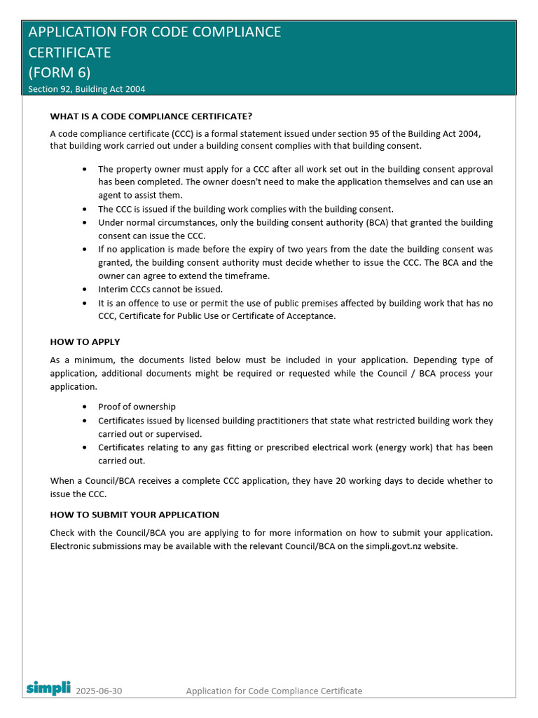 Form 6 Application For Code Compliance Certificate | PDF
