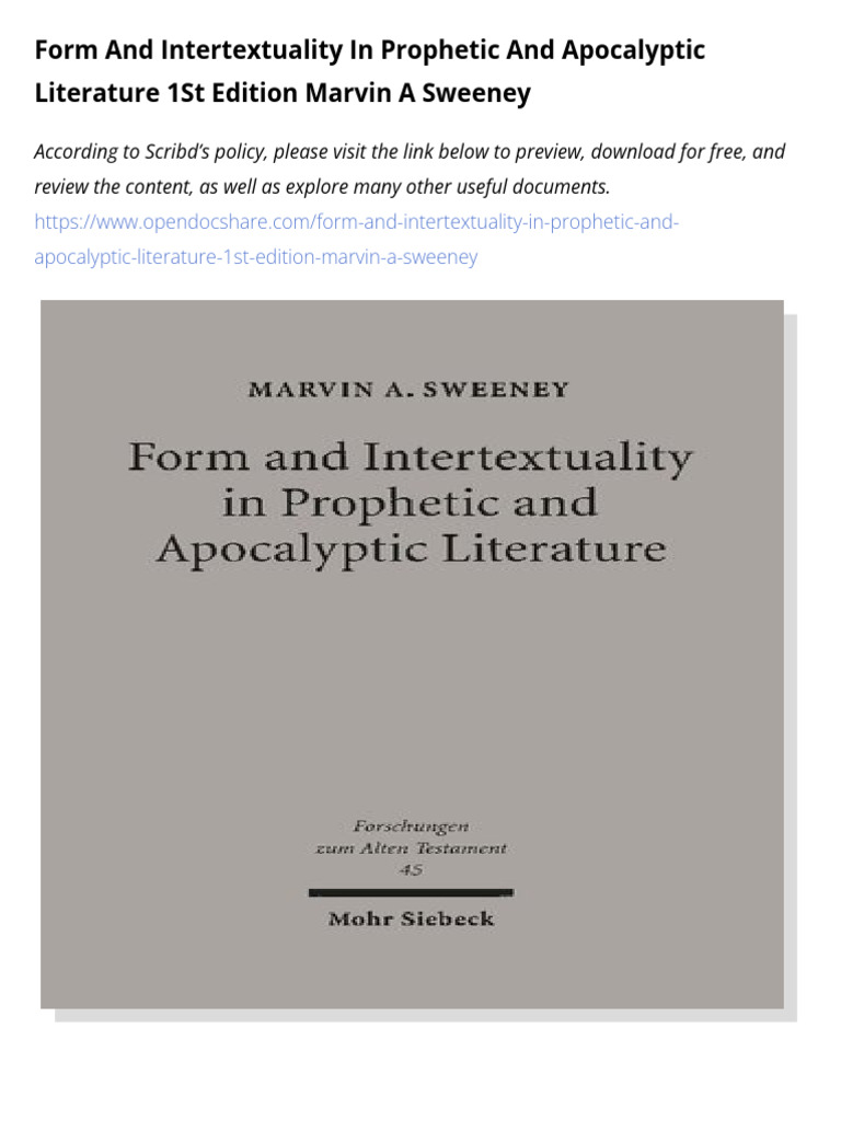 Form And Intertextuality In Prophetic And Apocalyptic Literature 1st ...