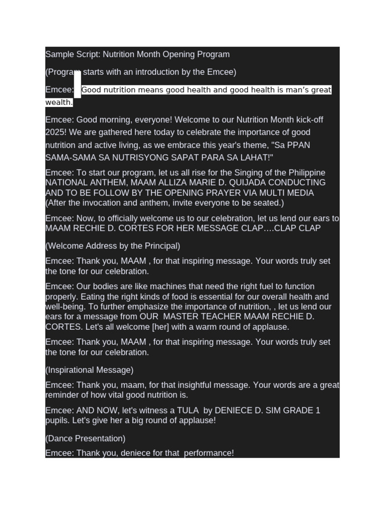 Sample Script Nutrition Month | PDF