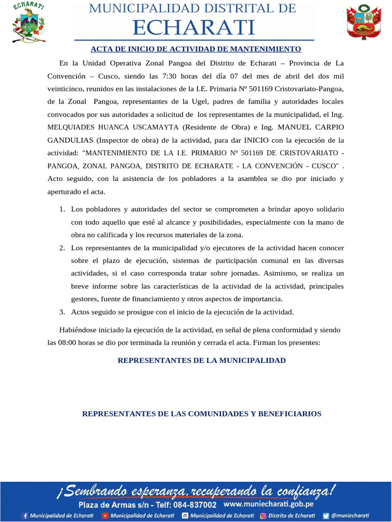 Acta de Inicio de Obra Pangoa | PDF