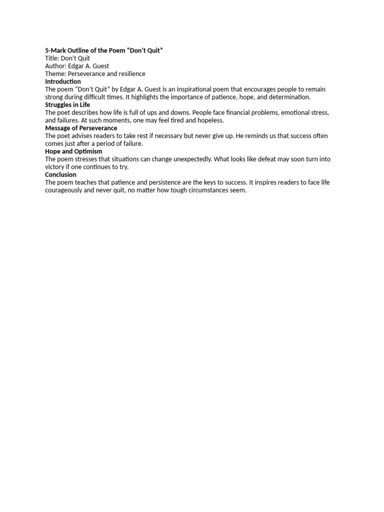 5-Mark Outline of the Poem “Don’t Quit” | PDF