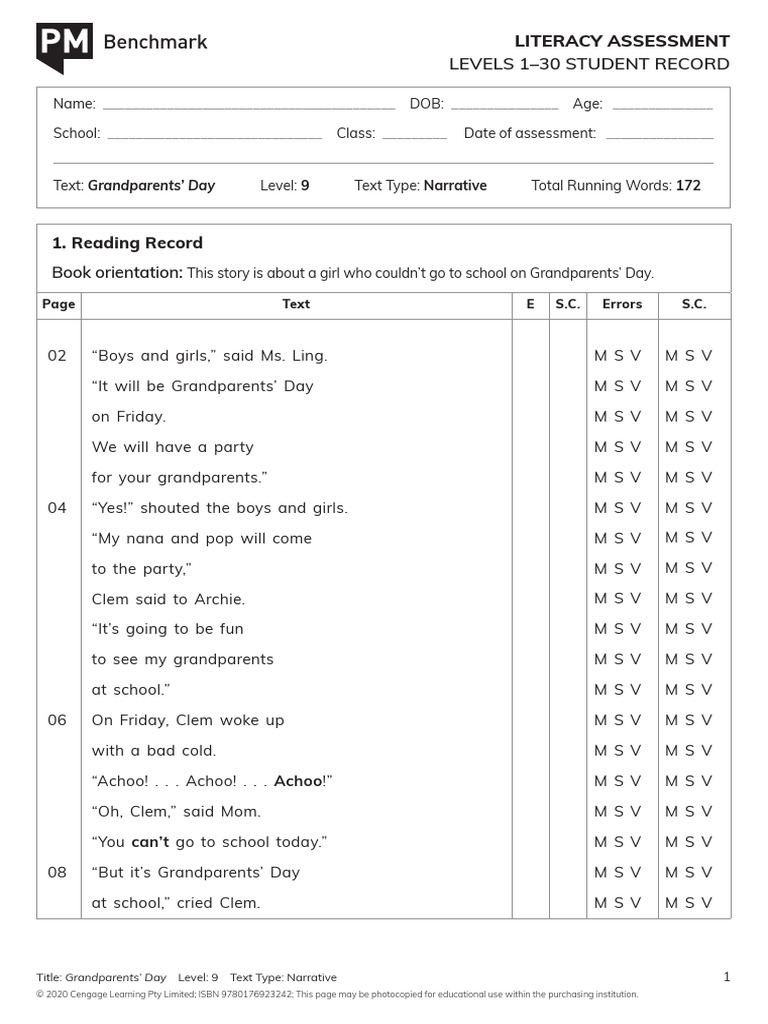 PM Benchmark Student Record Level 9 Grandparents Day Updated Sep 2020 ...