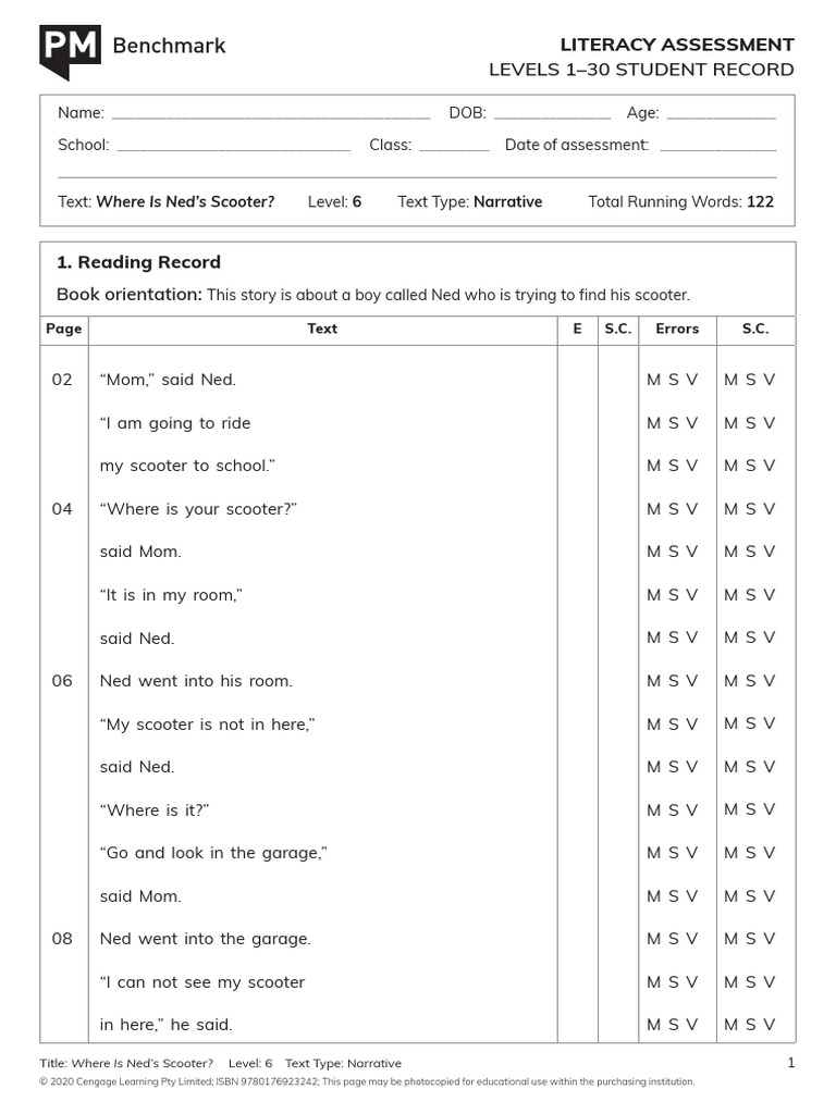 PM Benchmark Student Record Level 6 Where is Neds Scooter Updated Sep ...