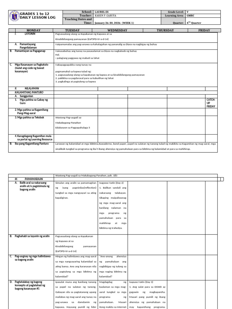 Grade 5 Dll Esp 5 q4 Week 1 | PDF
