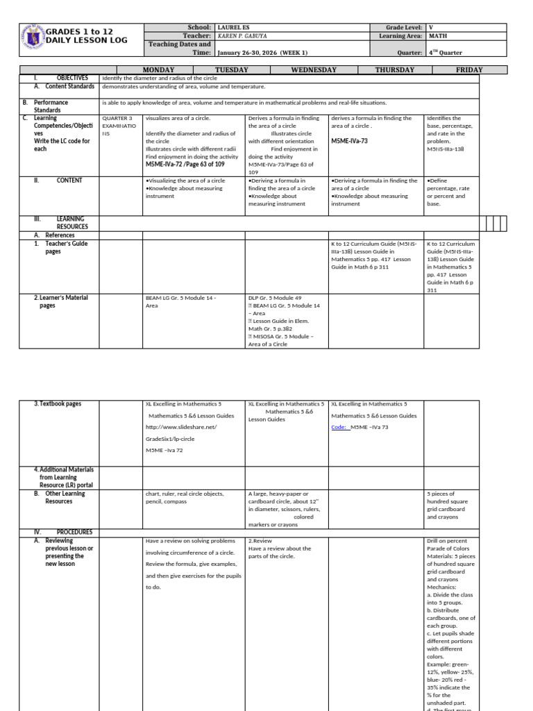 Grade 5 Dll Math 5 q4 Week 1 | PDF | Circle | Area