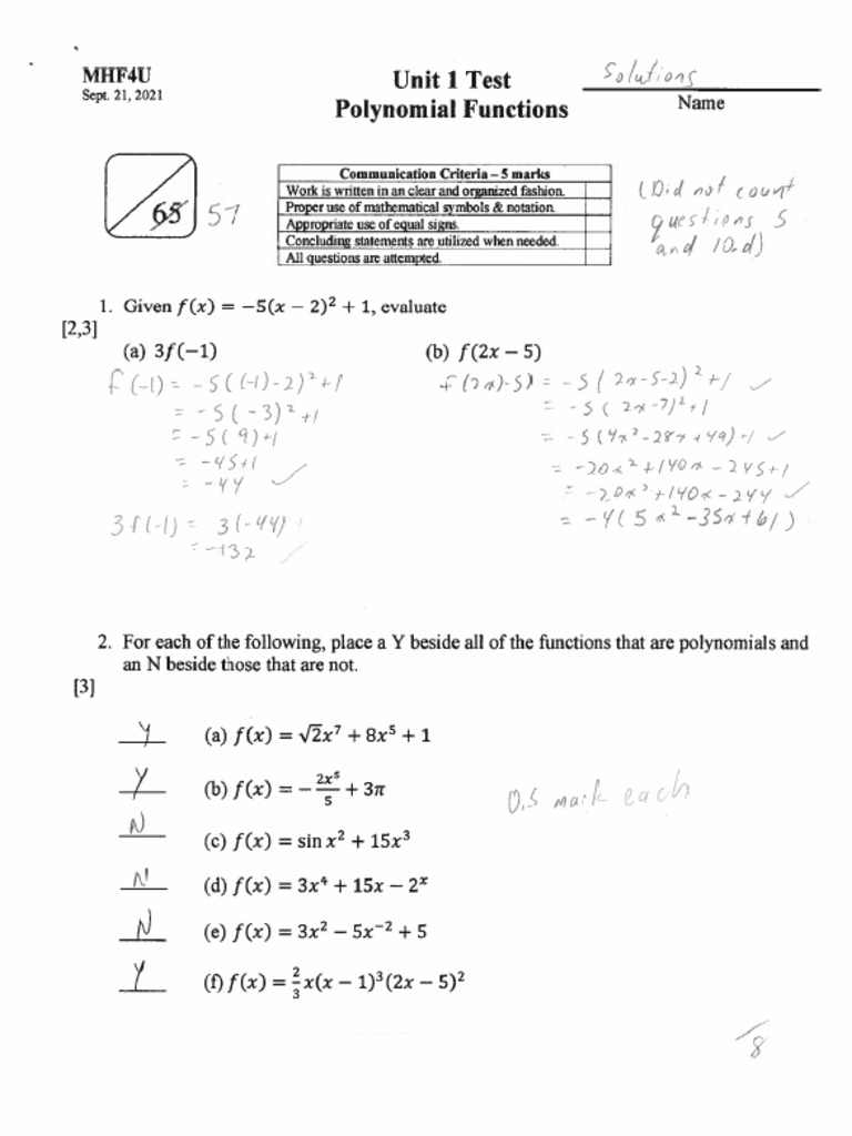 Unit 1 Test Polynomial Functions Solutions | PDF