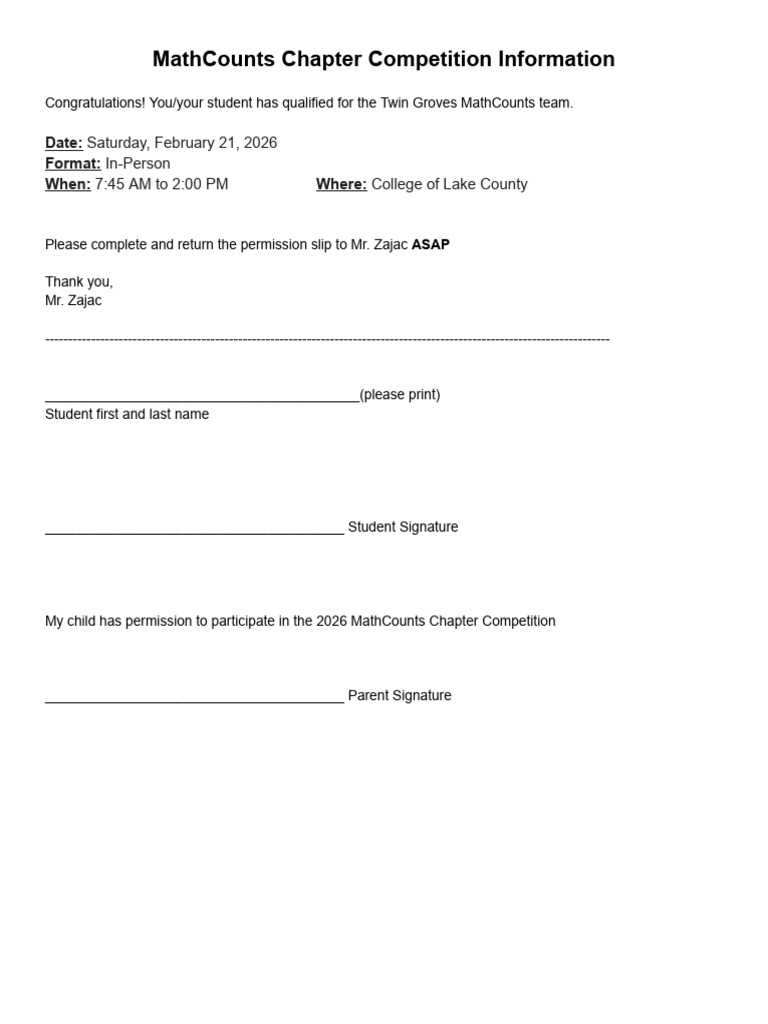 MathCounts Permission Form 2026 | PDF