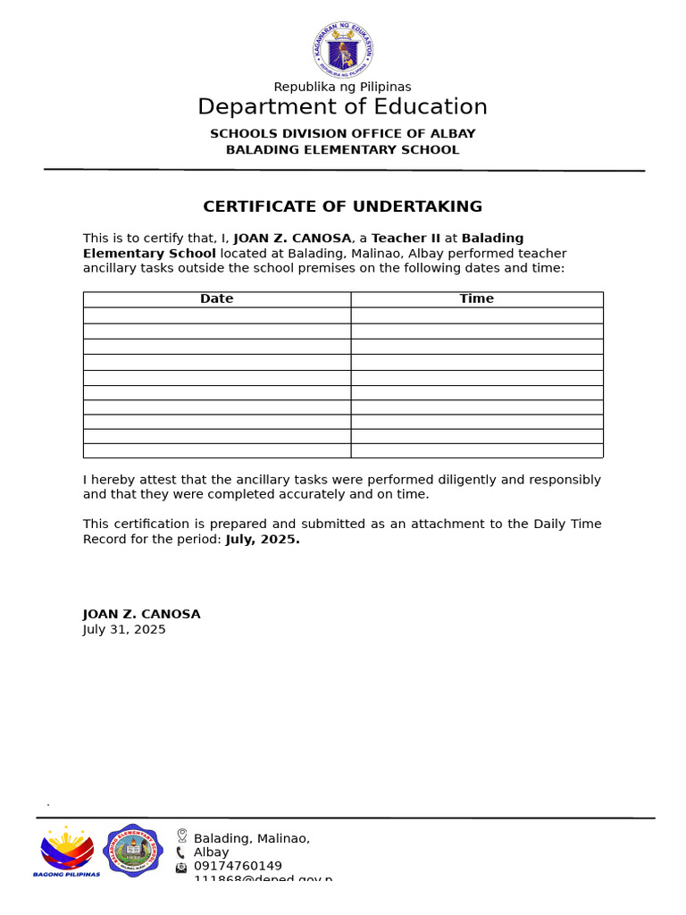 01 Certificate of Undertaking | PDF