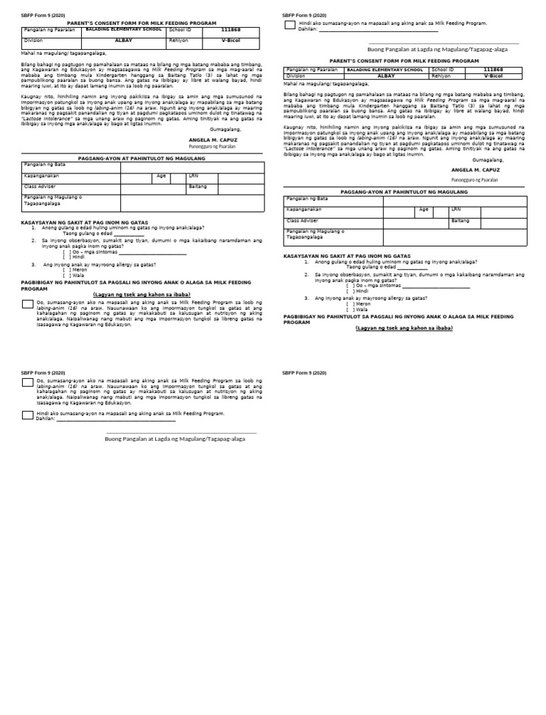 SBFP Form 9 Parents Consent Form for Milk Feeding Program 3 | PDF