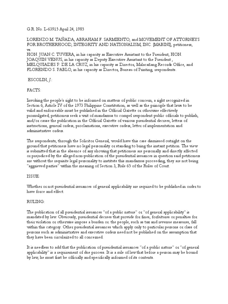 Tanada V Tuvera Case Digest | Download Free PDF | Mandamus | Virtue