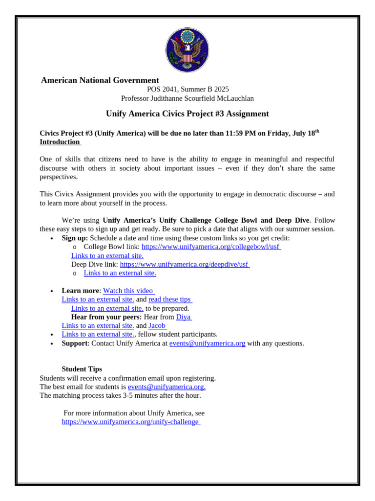 Am Govt Unify America Civics Project Assignment Summer b 2025 (1) | PDF ...