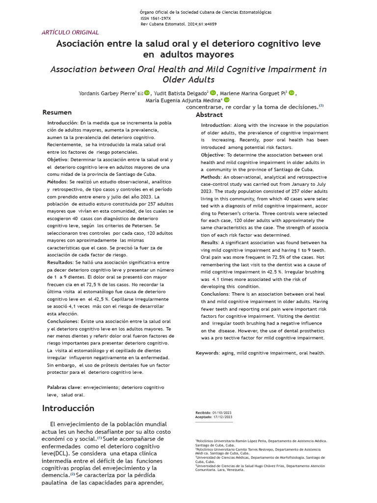 Asociación entre la salud oral y el deterioro cognitivo leve en adultos ...