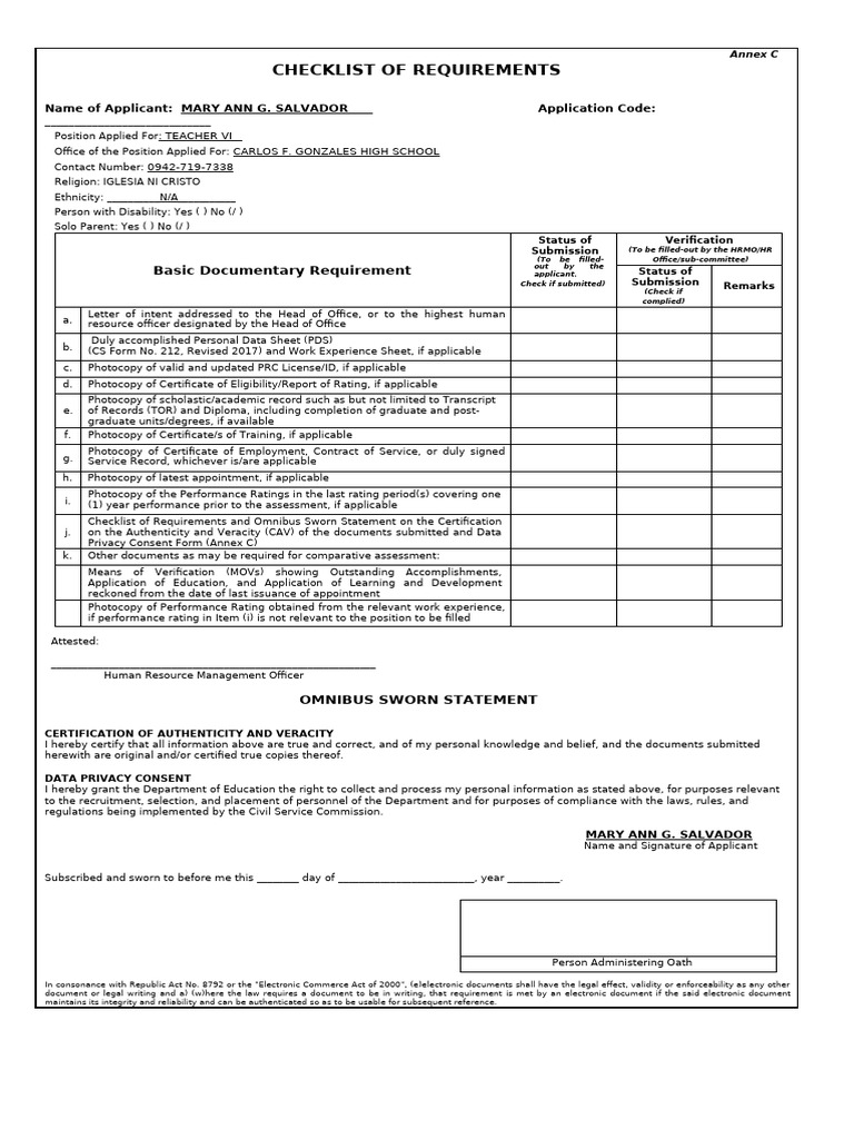 ANNEX C Checklist of Requirements and Omnibus Sworn Statement | PDF ...