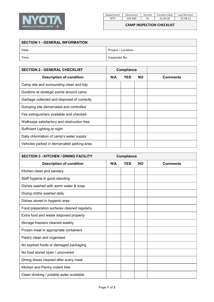 Sample Camp Inspection Checklist | Download Free PDF | Hygiene | Laundry
