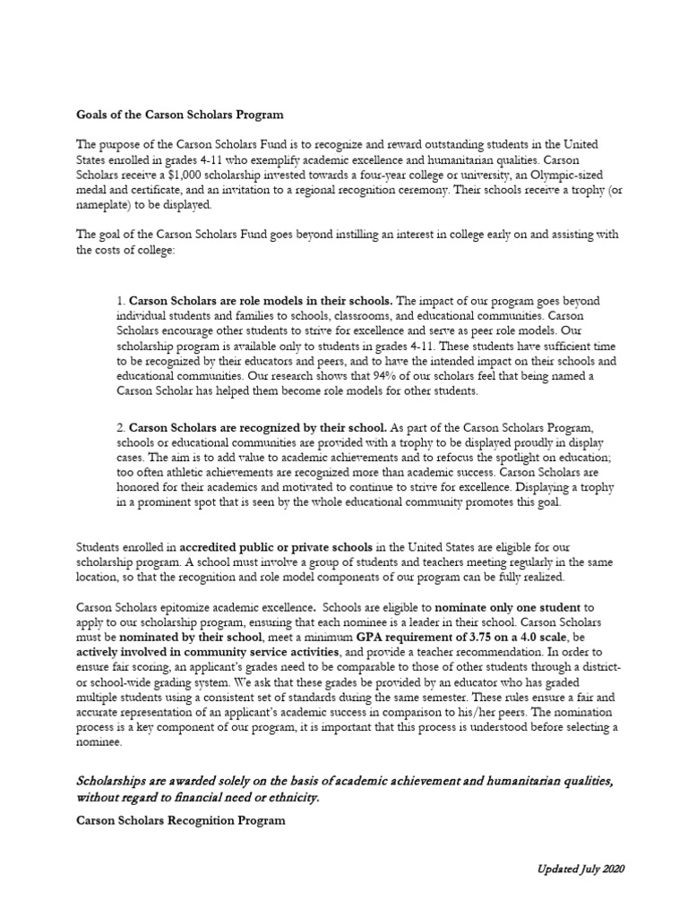Goals of the Carson Scholars Program Updated 2022 | PDF | Teachers ...