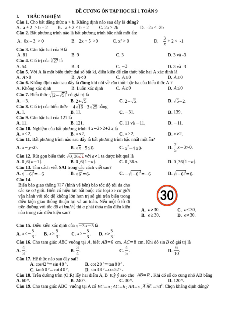 Đề Cương Ôn Tập Học Kì 1 Toán 9 | PDF