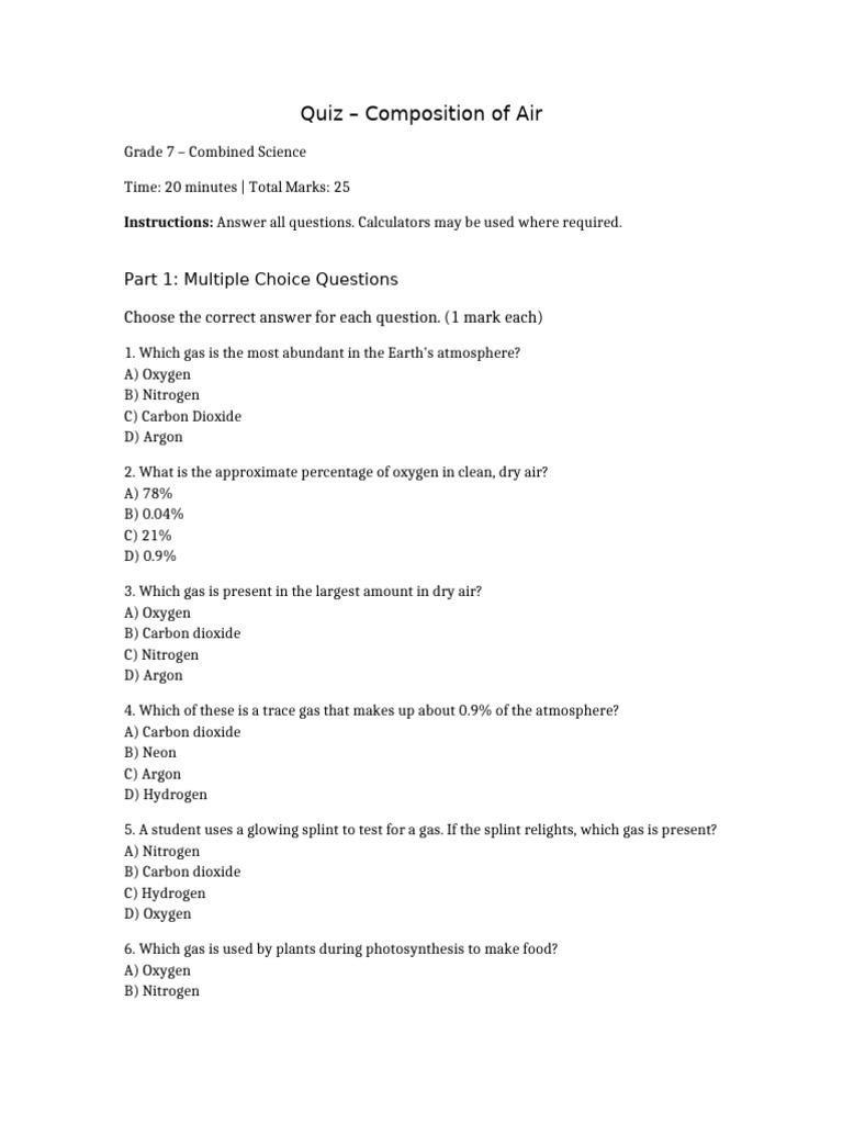 Grade7 - Composition of Air - Formative Quiz | PDF | Atmosphere Of ...