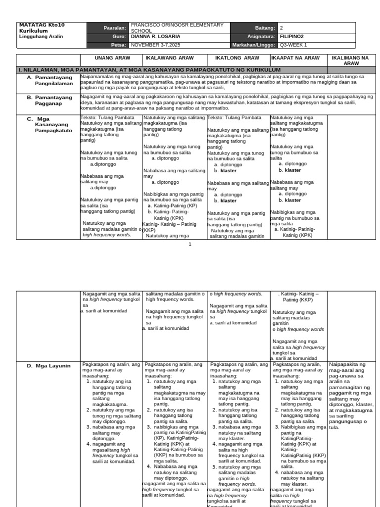 G2 Filipino DLL Q3 W1 | PDF