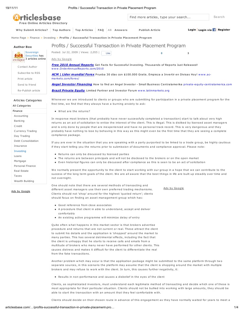 Profits - Successful Transaction in Private Placement Program | PDF ...