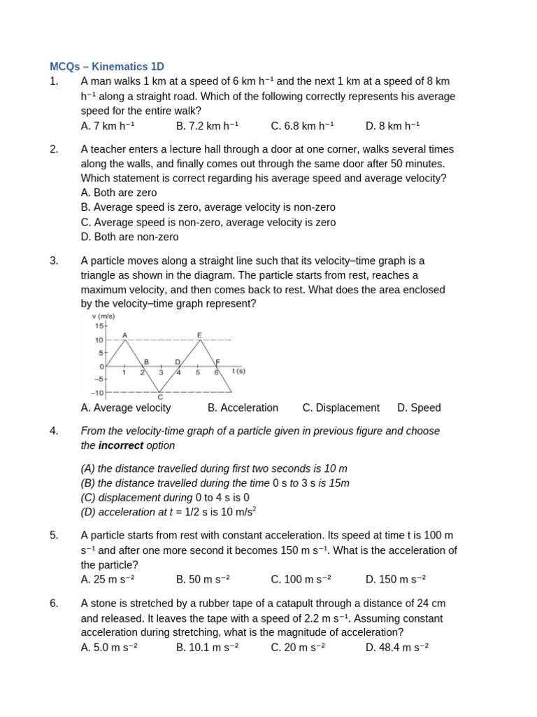 Kinematics - MCQs Without Ans | PDF | Speed | Velocity
