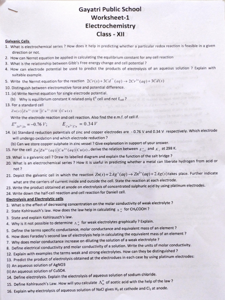 Electrochemistry Worksheet. 1 | PDF