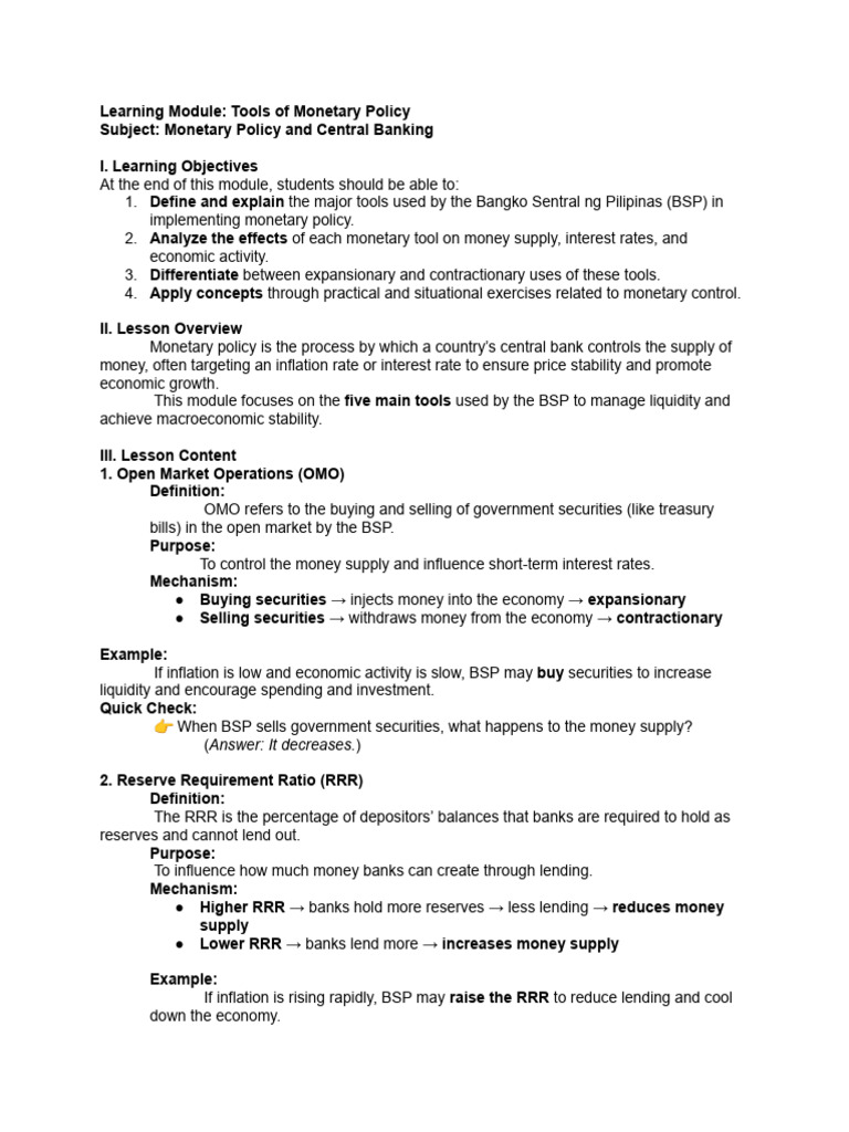Learning Module - Tools of Monetary Policy | PDF | Monetary Policy ...