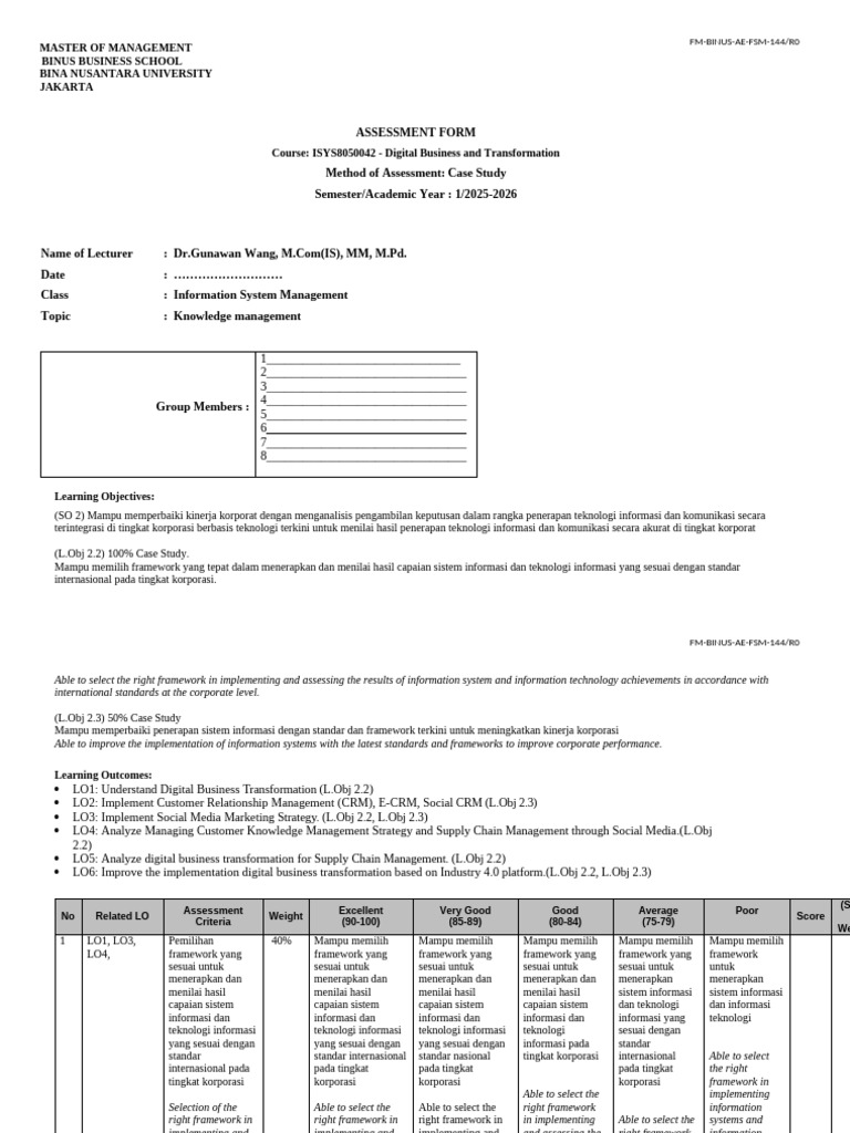 AoL Assessment Form - IsYS8050042-Digital Business and Transformation ...