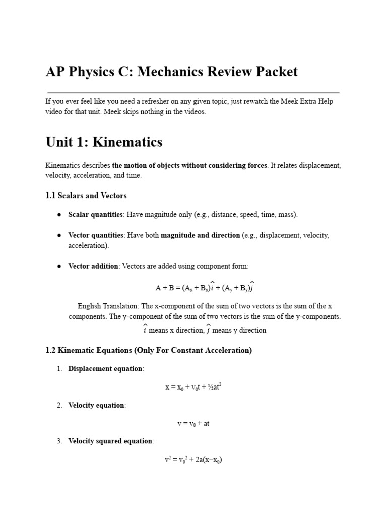 AP Physics C: Mechanics Review Packet: The Motion of Objects Without ...