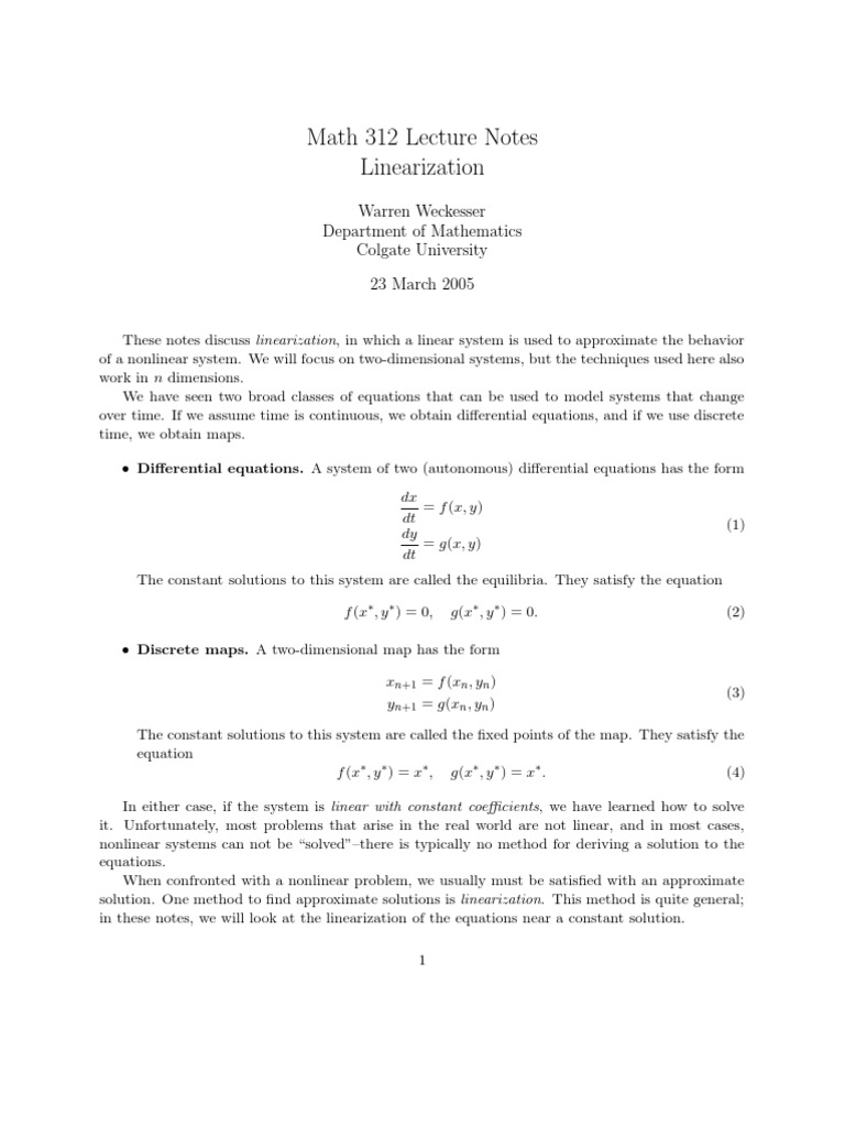 Math 312 Lecture Notes Linearization: Warren Weckesser Department of ...